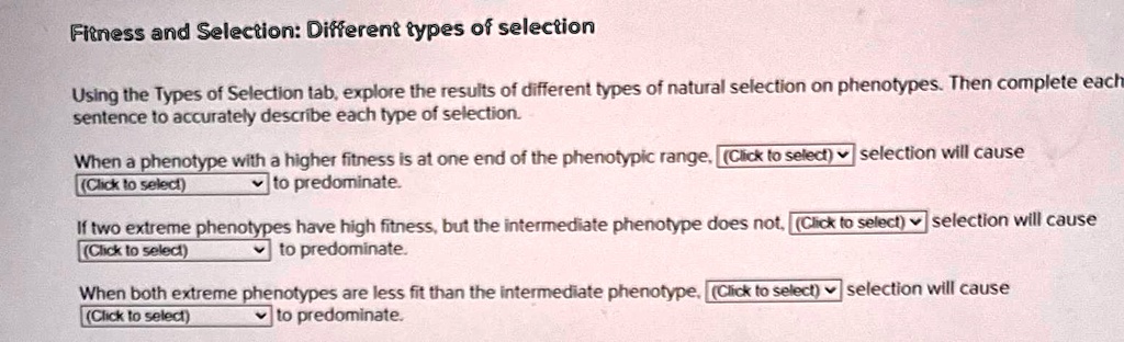 SOLVED: Fitness and Selection: Different types of selection Using the ...