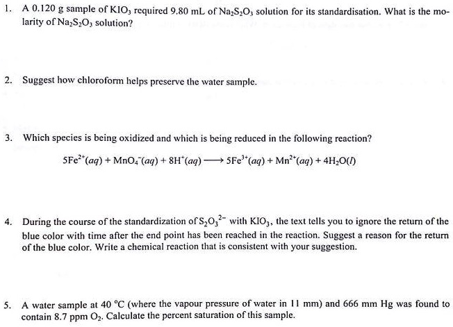 1. A 0.120 g sample of KIO3 required 9.80 mL of Na2S2O3 solution for ...