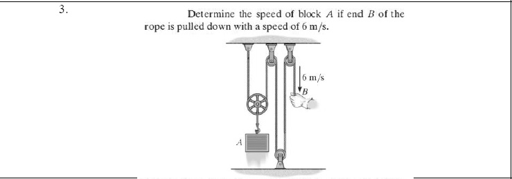 SOLVED: Determine the speed of block A if end B of the rope is pulled down with a speed of 6 m/s ...
