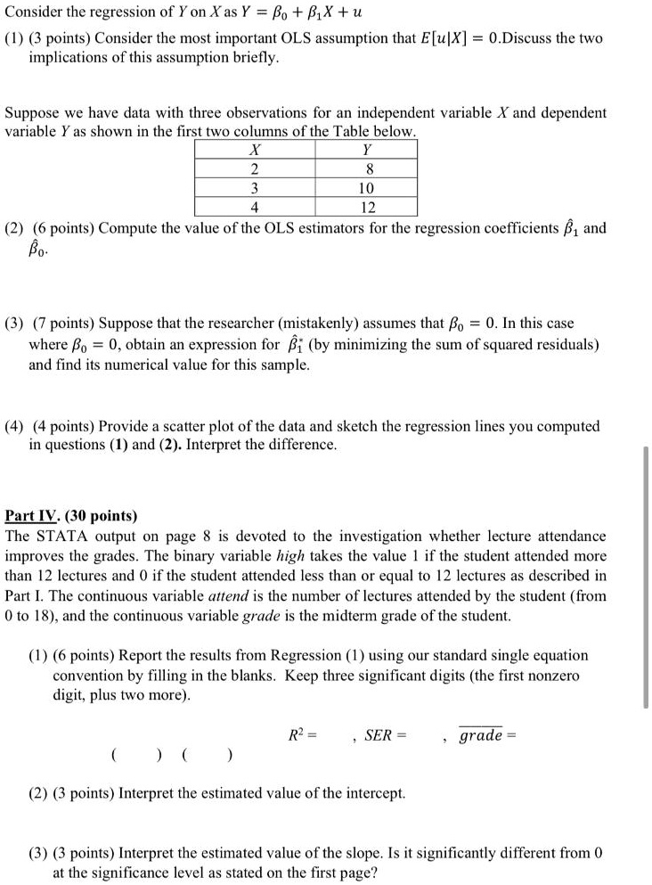 SOLVED: Consider the regression of Y on X as Y = Bo + BX + u (3 points ...