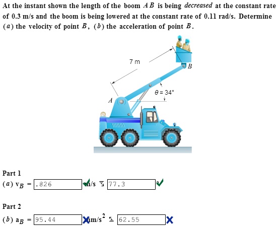 At the instant shown the length of the boom AB is being decreased at ...