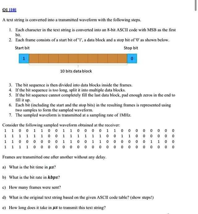 SOLVED: Text: QLM The text string is converted into a transmitted waveform with the following ...