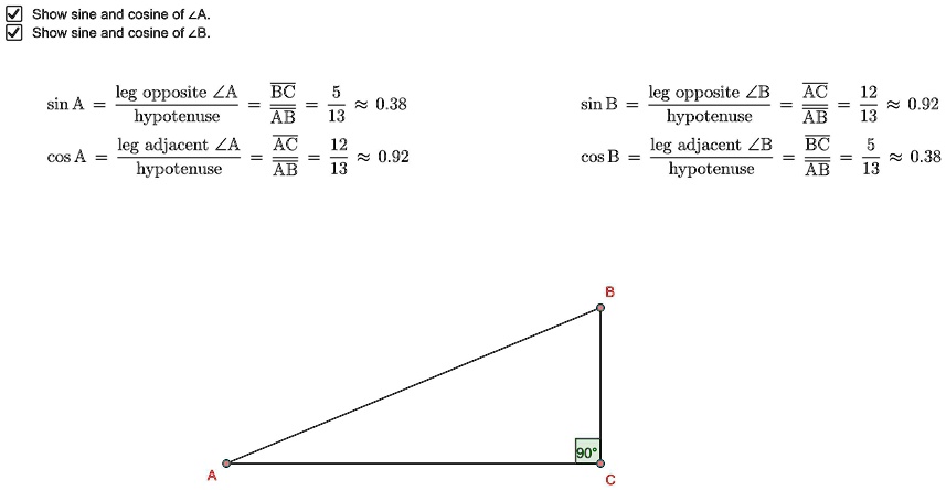 Show sine and cosine of ?A. Show sine and cosine of ?B. sin A = (leg ...