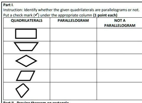 Part I. Instruction: Identify whether the given quadrilaterals are parallelograms or not. Put a ...
