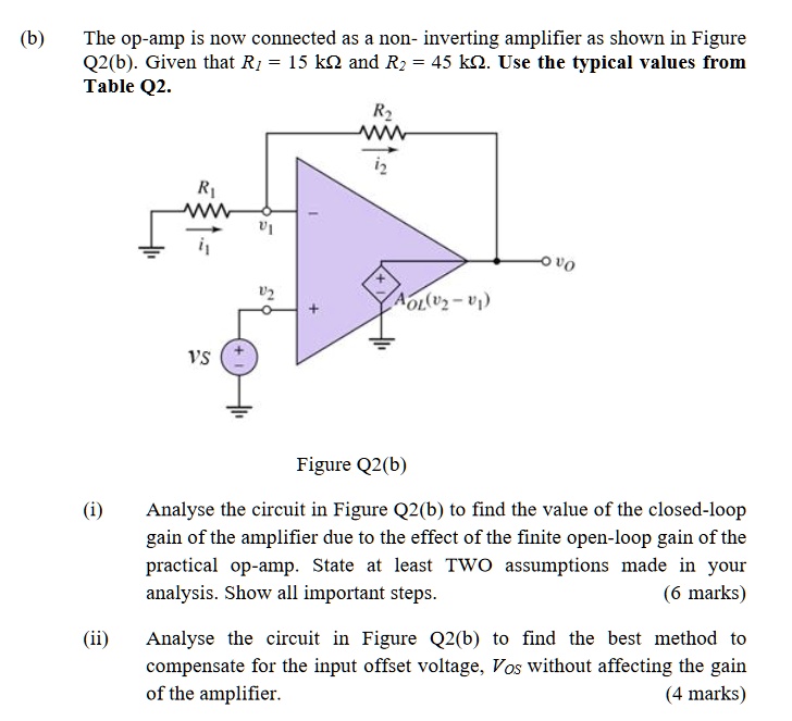 [GET ANSWER] b) The op-amp is now connected as a non- inverting amplifier as shown in Figure Q2 ...
