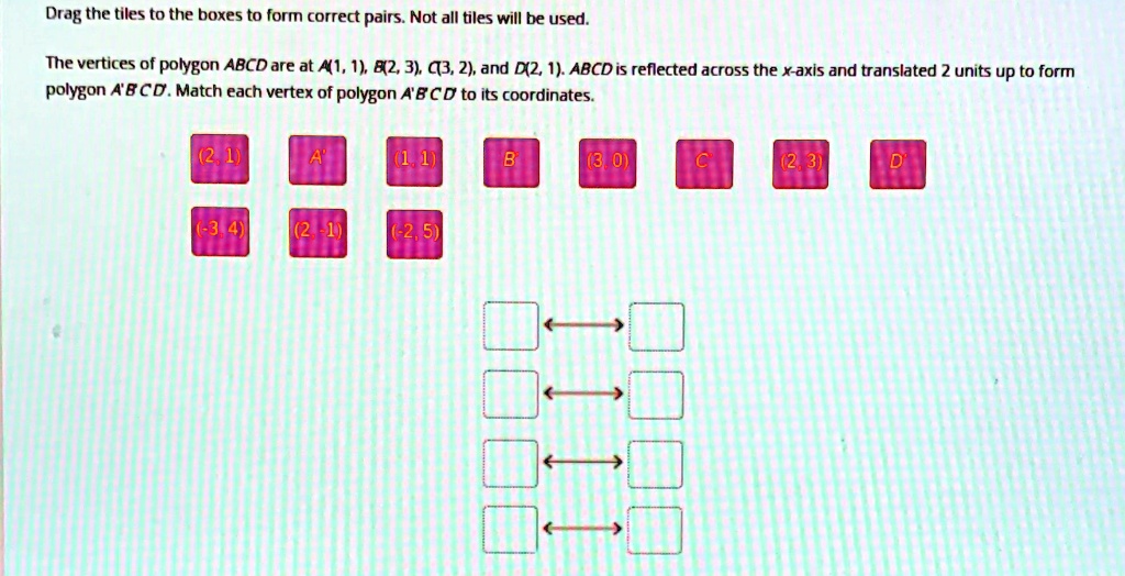 Drag the tiles to the boxes to form correct pairs. Not all tiles will be used. The vertices of ...