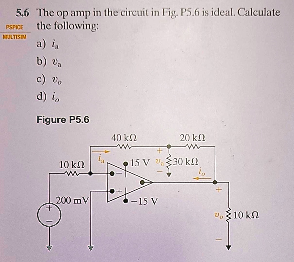 5.6 The op amp in the circuit in Fig. P5.6 is ideal. Calculate the following: a) ia b) va c) vo ...