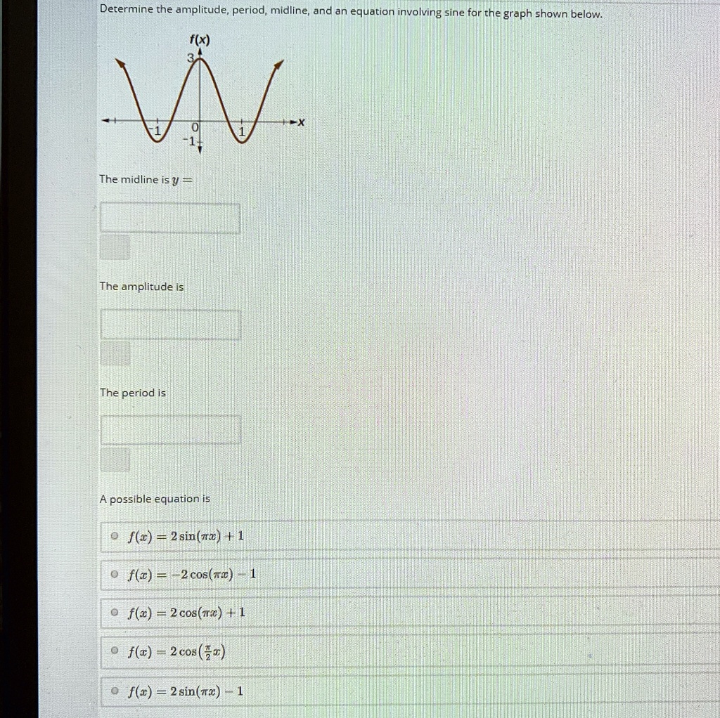 SOLVED: Determine the amplitude, period, midline, and equation ...