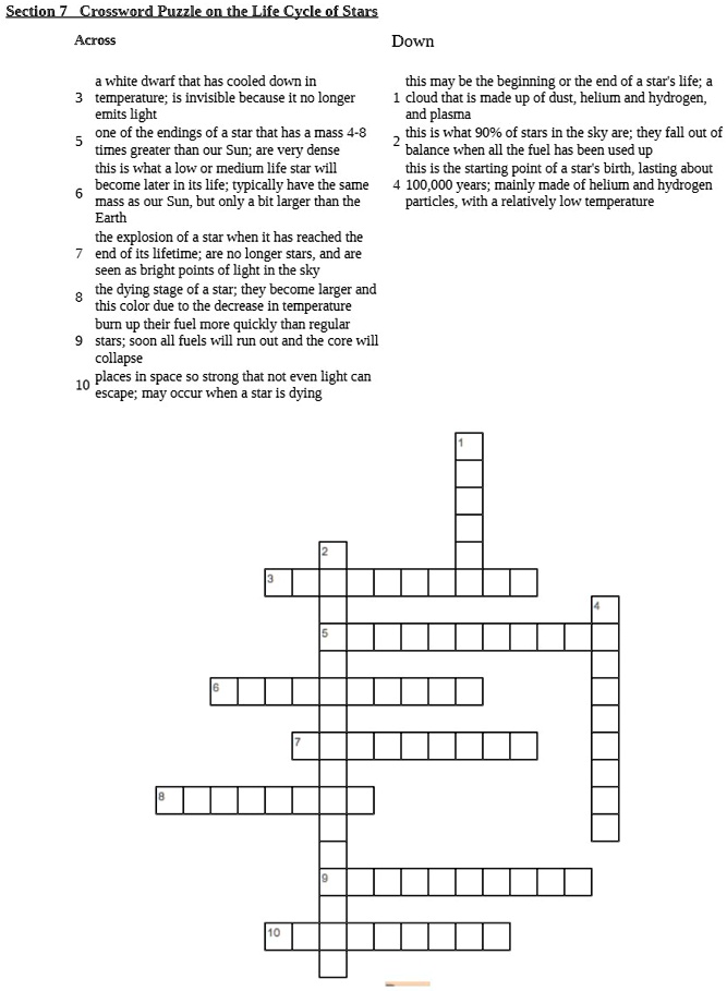 Section 7 Crossword Puzzle on the Life Cycle of Stars Across a white ...