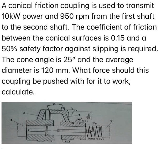 SOLVED: A conical friction coupling is used to transmit 10kW power and ...