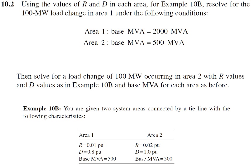 10.2 Using the values of R and D in each area, for Example 10B, resolve for the 100-MW load ...