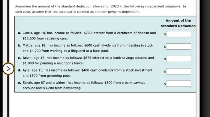 SOLVED: Determine the amount of the standard deduction allowed for 2023 ...