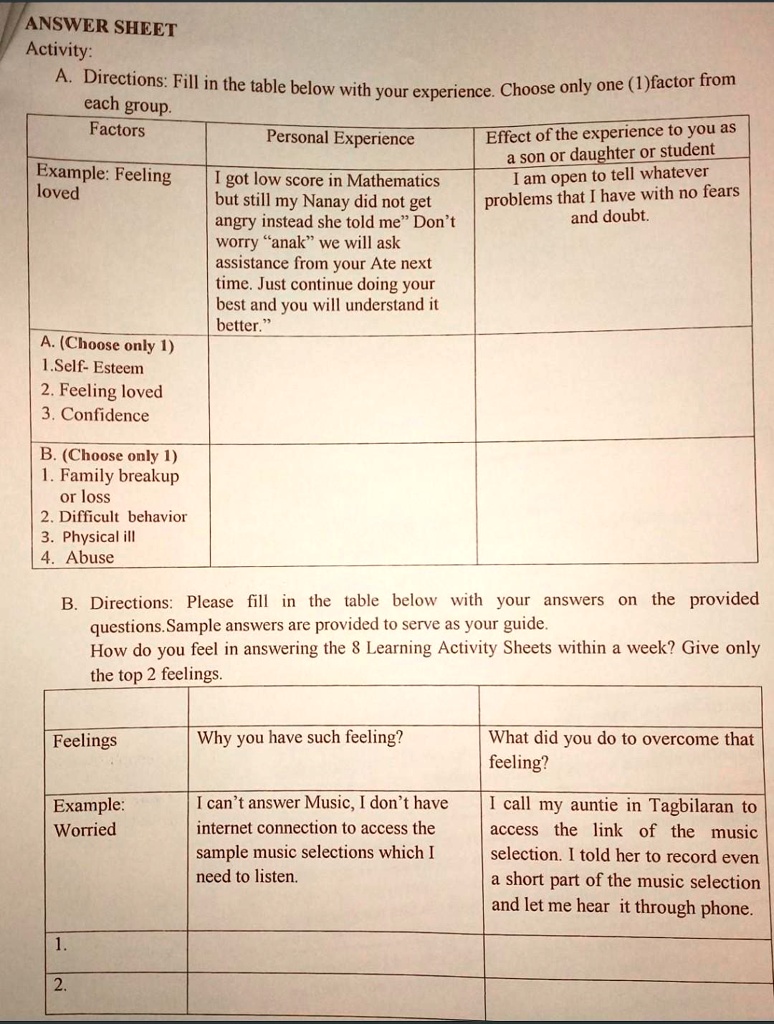 SOLVED: Text: 'A. Directions: Fill in the table below with your experience. Choose only one (1 ...