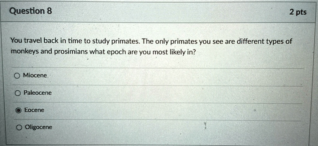 question 8 2 pts you travel back in time to study primates the only ...