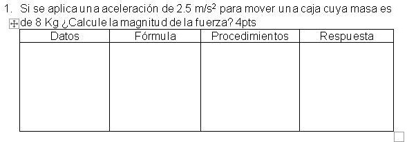 SOLVED: 1. Si se aplica una aceleración de 2.5 m/s2 para mover una caja ... SOLVED: 1. Si se aplica una aceleración de 2.5 m/s2 para mover una caja ...