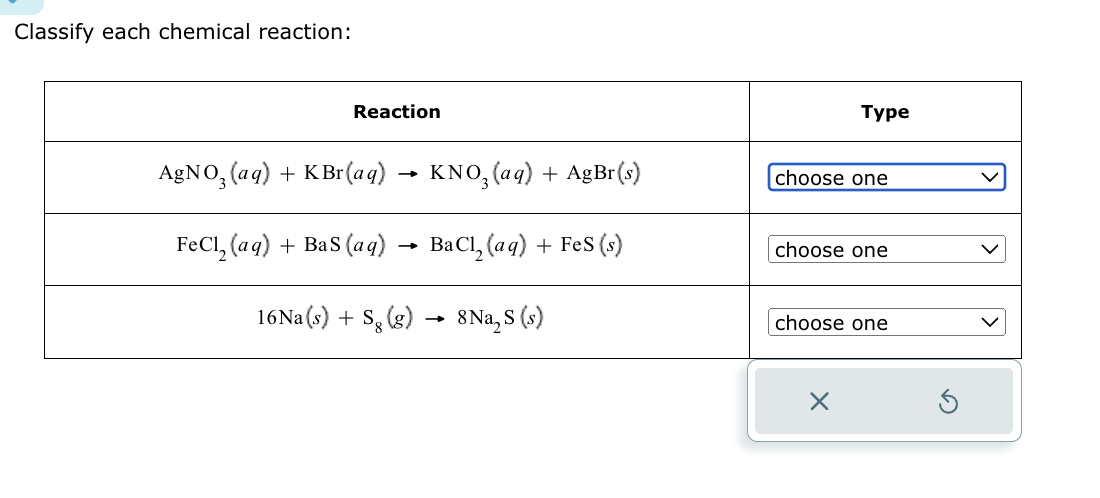 Classify each chemical reaction: Reaction Type AgNO3(a q)+KBr(a q) → ...