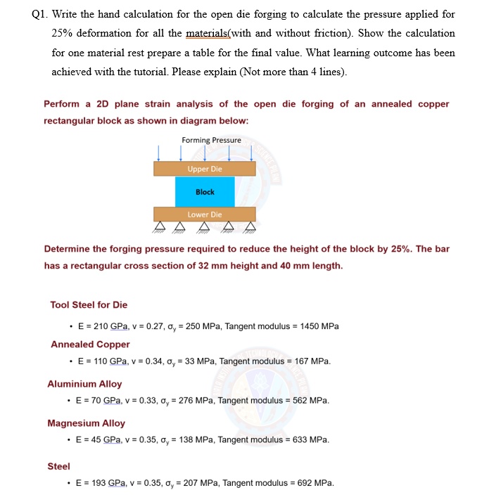 SOLVED: Q1.Write the hand calculation for the open die forging to ...