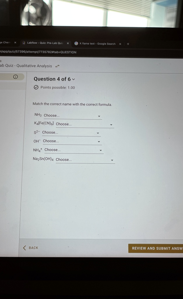 labflow quiz pre lab quiz ab quiz qualitative analysis question 4 of 6 points possible 100 match ...