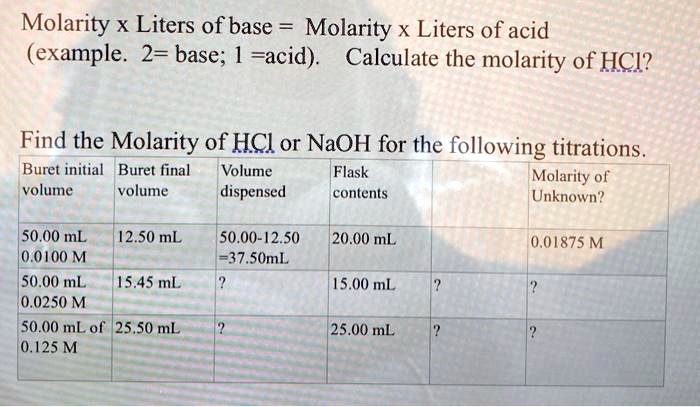 SOLVED: Molarity x Liters of base Molarity x Liters of acid (example. 2= base; acid). Calculate ...