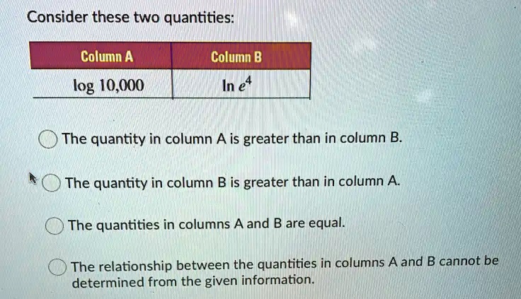 SOLVED: Consider these two quantities: Column A log 10,000 Column B In e4 The quantity in column ...