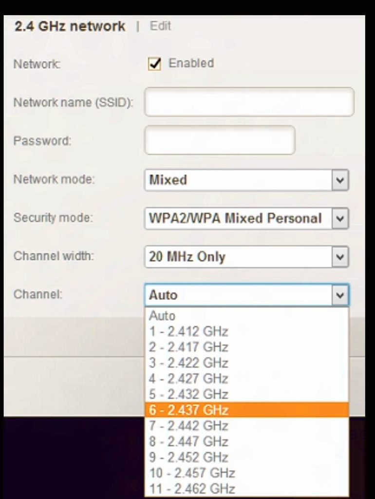 2.4 GHz network | Edit Network: Enabled Network name (SSID): Password ...