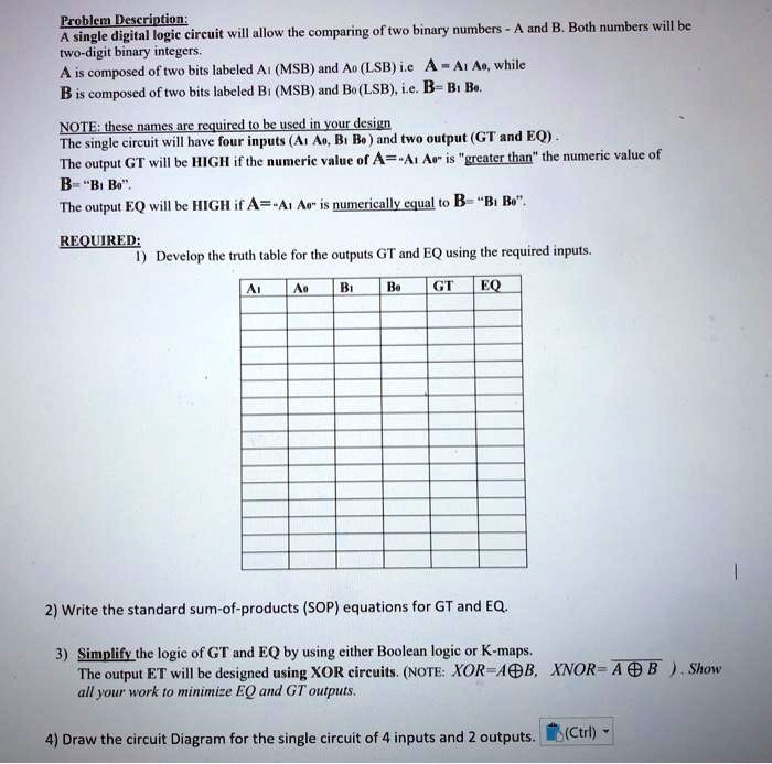 SOLVED: Problem Description: A single digital logic circuit will allow the comparison of two ...