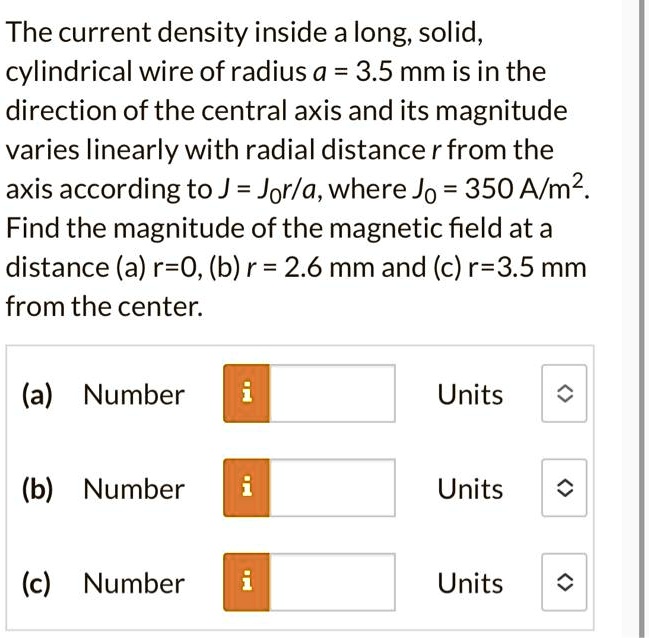 SOLVED: The current density inside a long, solid cylindrical wire of ...