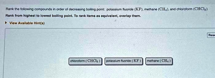 Rank the following compounds in order of decreasing boiling point: potassium fluoride (KF ...