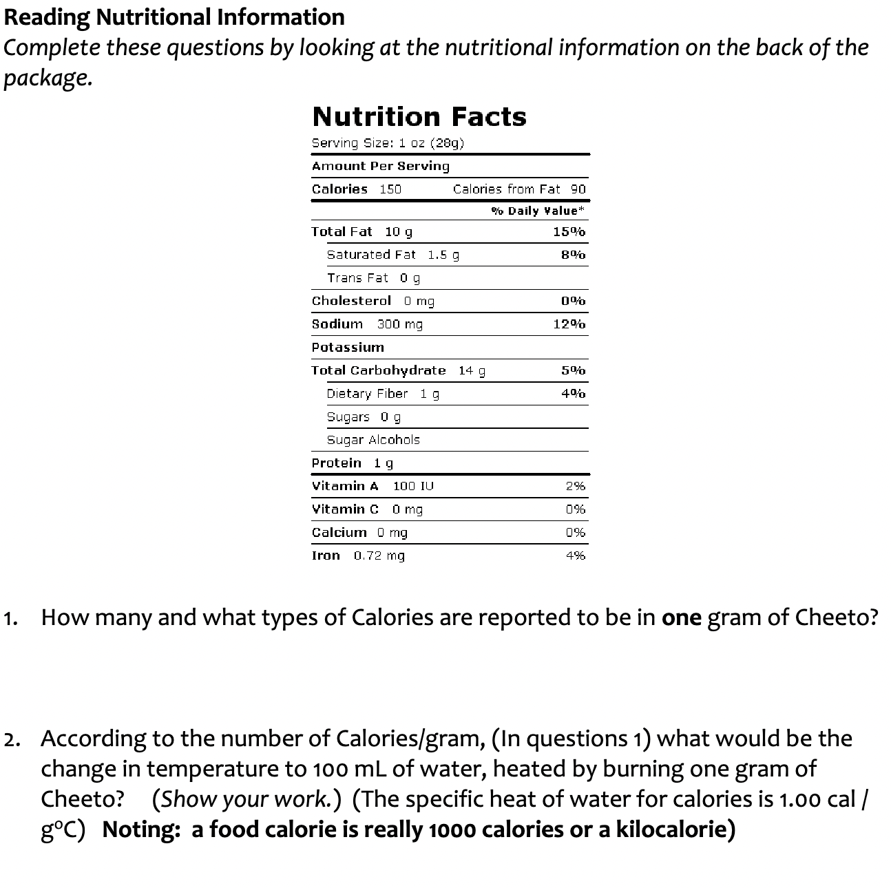 SOLVED: Reading Nutritional Information Complete these questions by ...