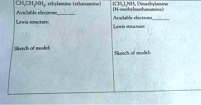 SOLVED: CH3CH2NH2, ethylamine (ethanamine) Available electrons - Lewis ...