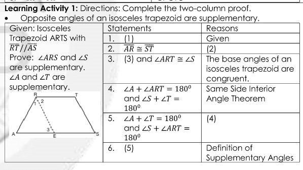 learning activity 1 directions complete the two column proof opposite ...