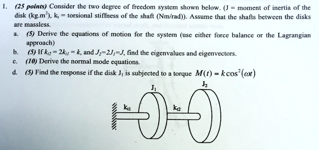 1. (25 points) Consider the two degree of freedom system shown below. (J = moment of inertia of ...