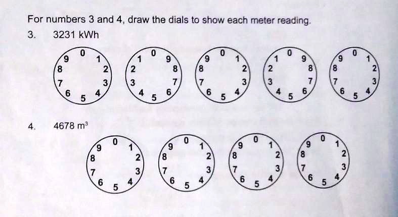 For numbers 3 and 4, draw the dials to show each meter reading. 3. 3231 ...