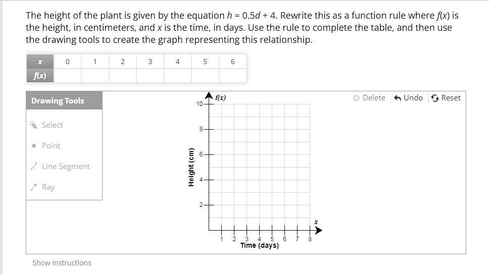 The height of the plant is given by the equation h = 0.5d + 4. Rewrite ...