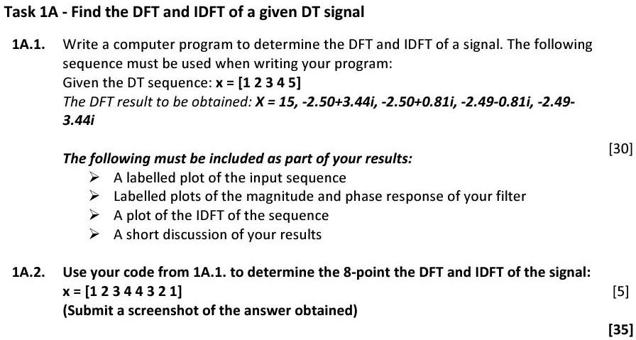 Solved Task 1a Find The Dft And Idft Of A Given Dt Signal 1a1 Write A Computer Program To