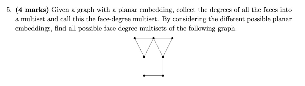 SOLVED: Given a graph with a planar embedding, collect the degrees of all the faces into a ...