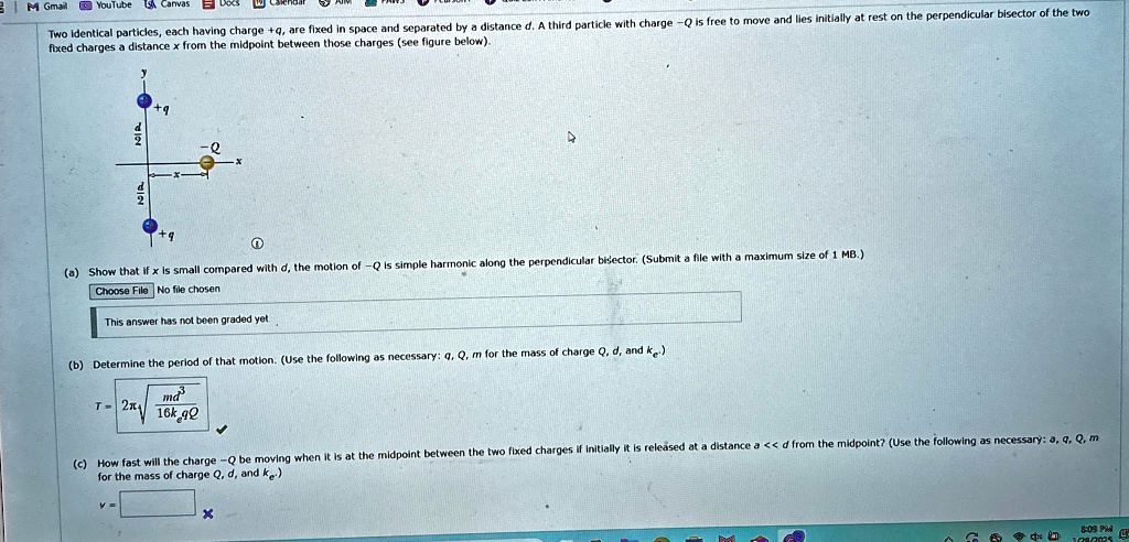 two identical particles each having charge q are fixed in space and separated by a distance d a ...