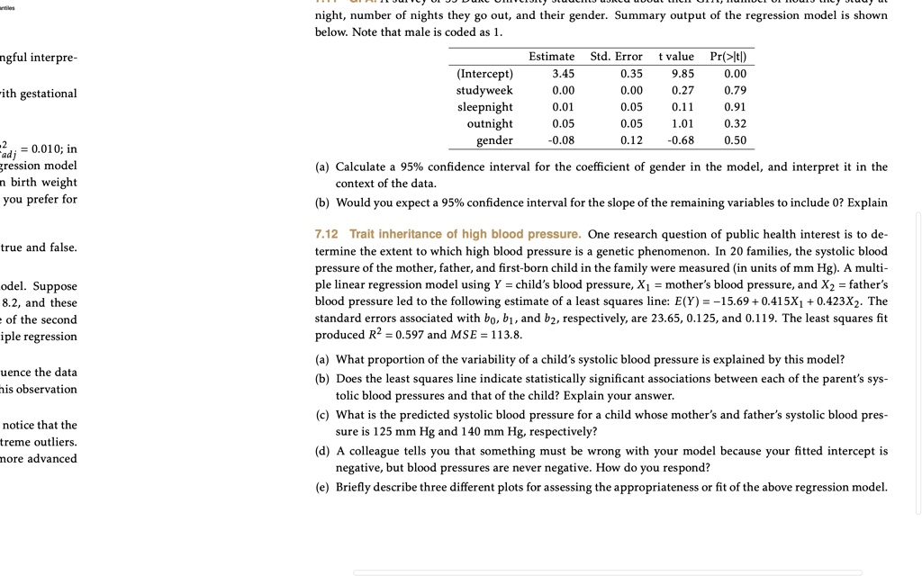 SOLVED: night, number of nights they go out, and their gender. Summary output of the regression ...