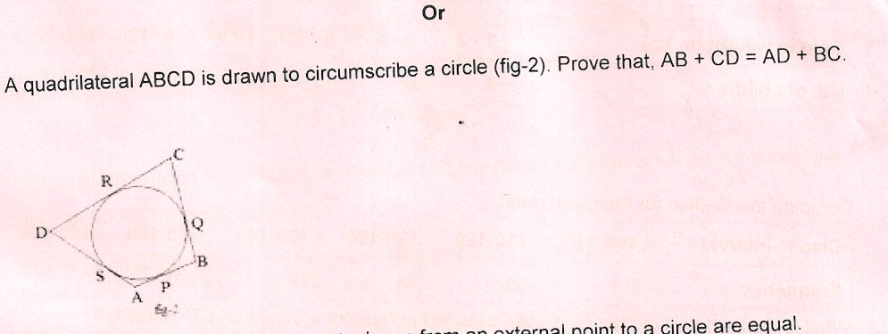 Or A quadrilateral ABCD is drawn to circumscribe a circle (fig-2). Prove that, AB + CD = AD + BC.