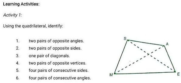 Learning Activities: Activity 1: Using the quadrilateral, identify: 1 ...