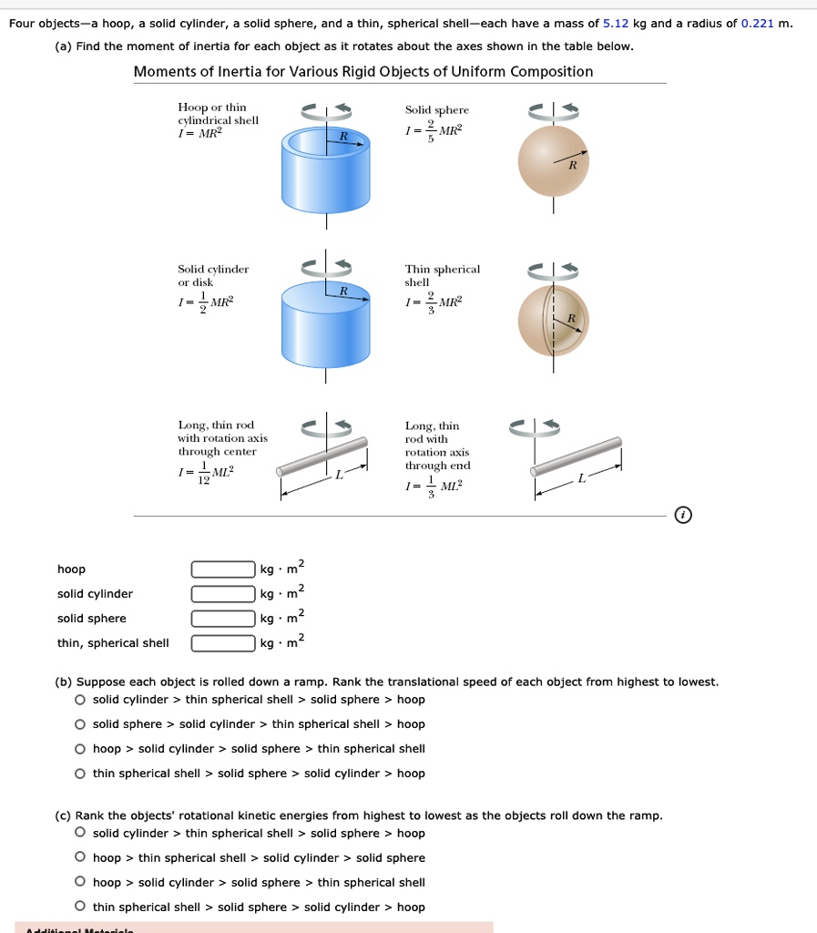 SOLVED: Four objects - hoop, solid cylinder, solid sphere, and thin spherical shell - each have ...