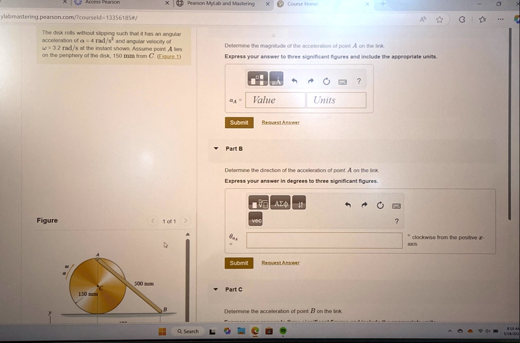 the disk rolls without slipping such that it has an angular acceleration of alpha 4 rads2 and ...