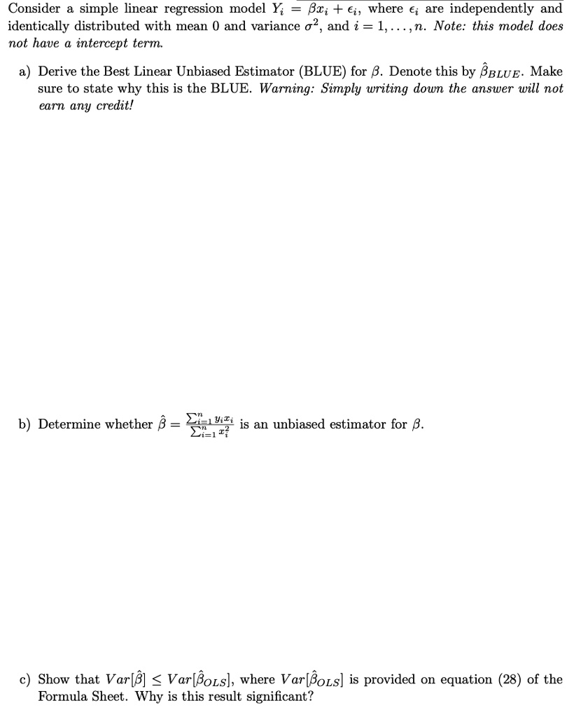 SOLVED:Consider simple linear regression model Yi Bxi T Ci, where identically distributed with ...