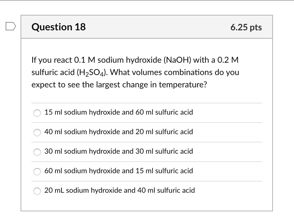 If you react 0.1 M sodium hydroxide (NaOH) with a 0.2 M sulfuric acid (H2SO4), what volume ...