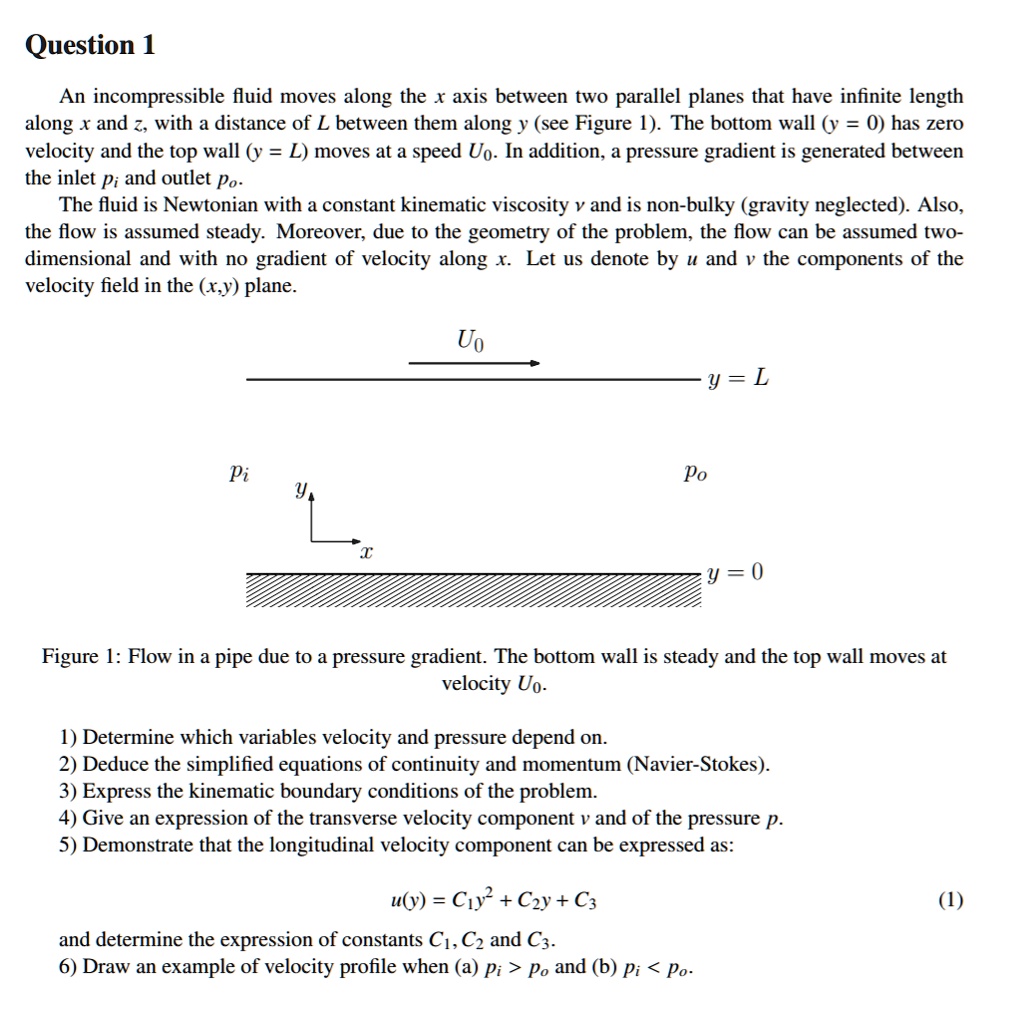 SOLVED: An incompressible fluid moves along the x-axis between two parallel planes that have ...