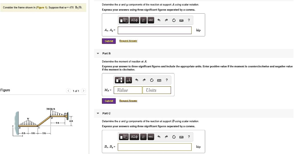 SOLVED: Determine the and y components of the reaction at support A ...