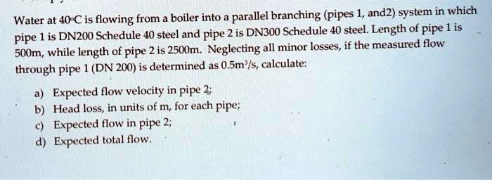 Water at 40°C is flowing from a boiler into a parallel branching (pipes ...