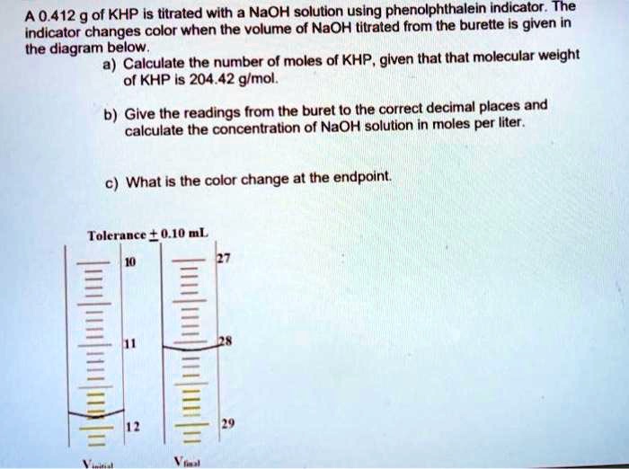 SOLVED: A 0.412 g of KHP is titrated with a NaOH solution using phenolphthalein indicator. The ...