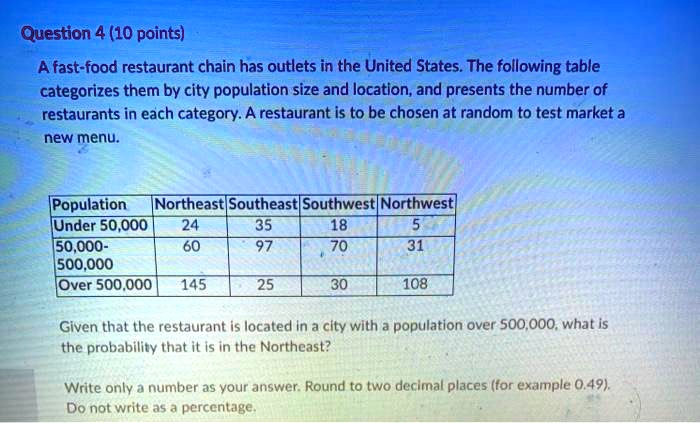 SOLVED: Question 4 (10 points) Afast-food restaurant chain has outlets ...