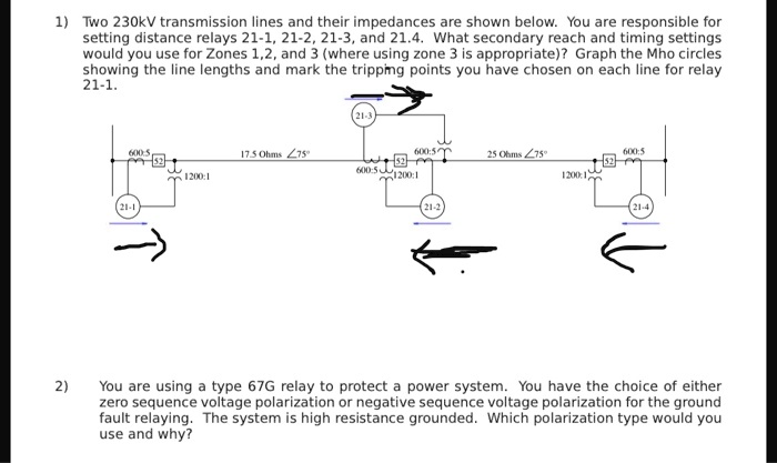 1) Two 230kV transmission lines and their impedances are shown below ...
